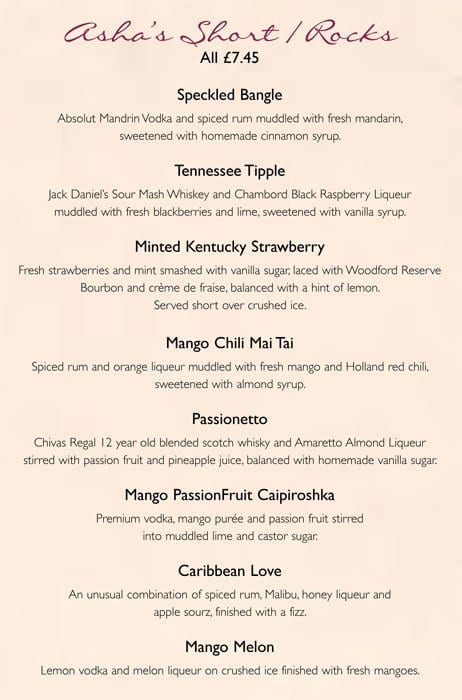 Menu at Asha's restaurant, Birmingham