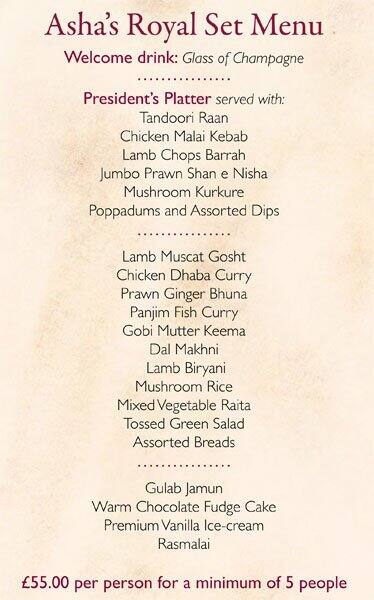 Menu at Asha's restaurant, Birmingham