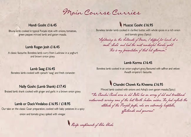 Menu at Asha's restaurant, Birmingham