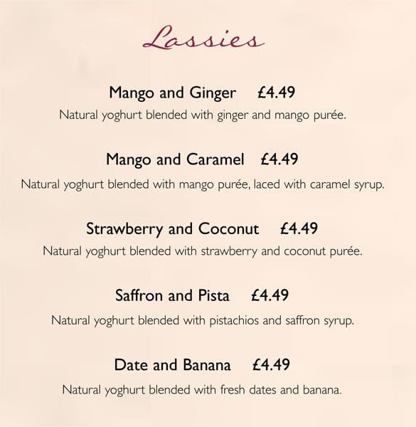 Menu at Asha's restaurant, Birmingham