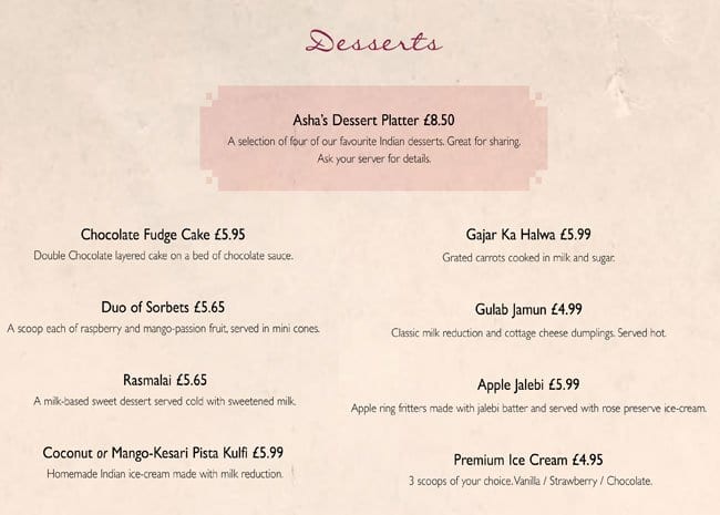 Menu at Asha's restaurant, Birmingham