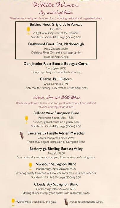 Menu at Asha's restaurant, Birmingham