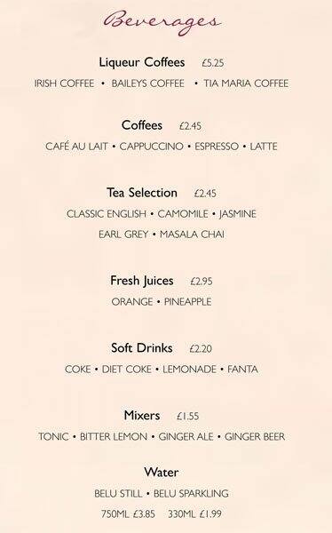 Menu at Asha's restaurant, Birmingham