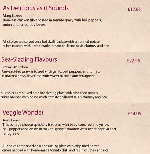 Menu at Asha's restaurant, Birmingham
