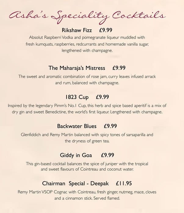 Menu at Asha's restaurant, Birmingham