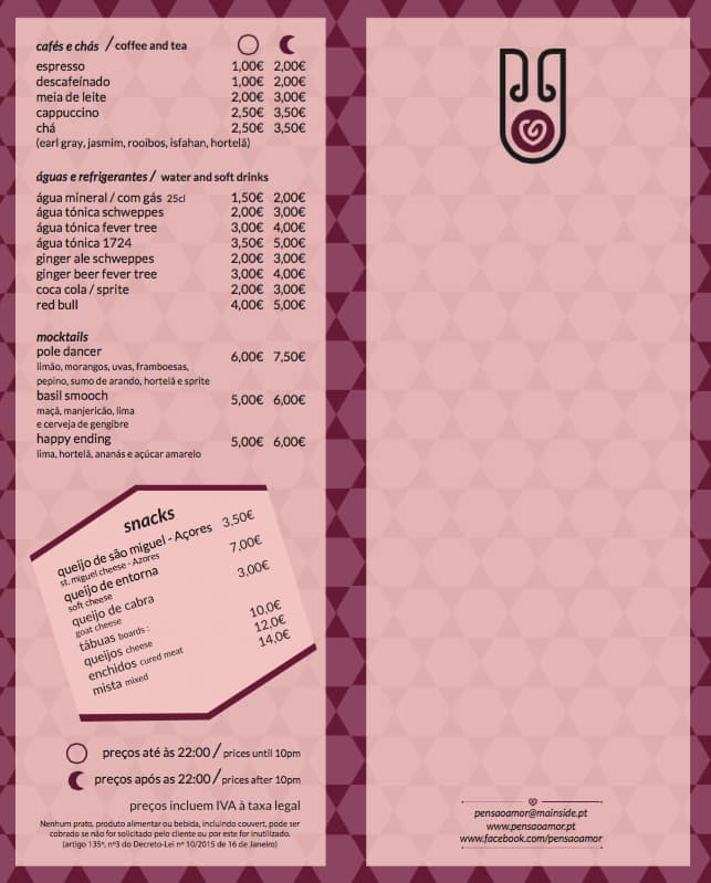 Menu at Pensao Amor pub & bar, Lisbon, Portekiz