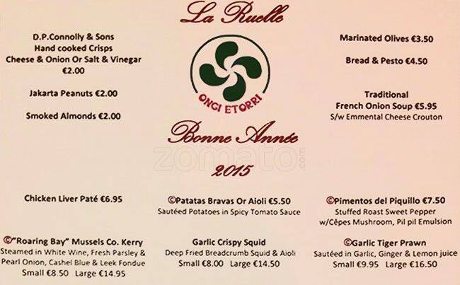 Menu at La Ruelle Wine Bar, Dublin
