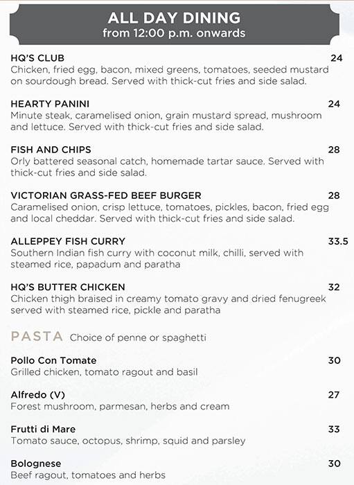 Menu at HQ's On William restaurant, Melbourne