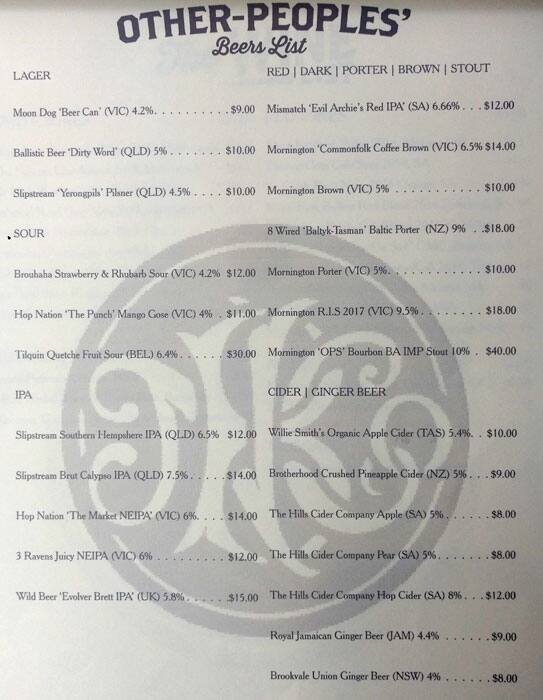 Menu at Newstead Brewing Co restaurant, Newstead, 85 Doggett St