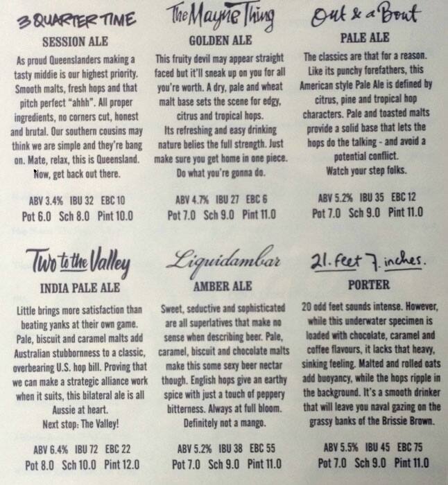 Menu at Newstead Brewing Co restaurant, Newstead, 85 Doggett St