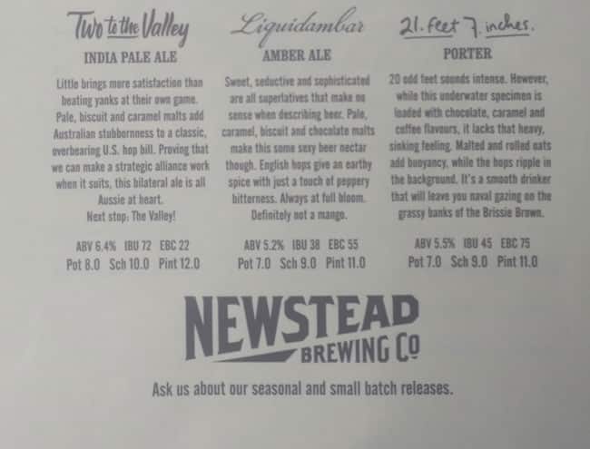 Menu at Newstead Brewing Co restaurant, Newstead, 85 Doggett St