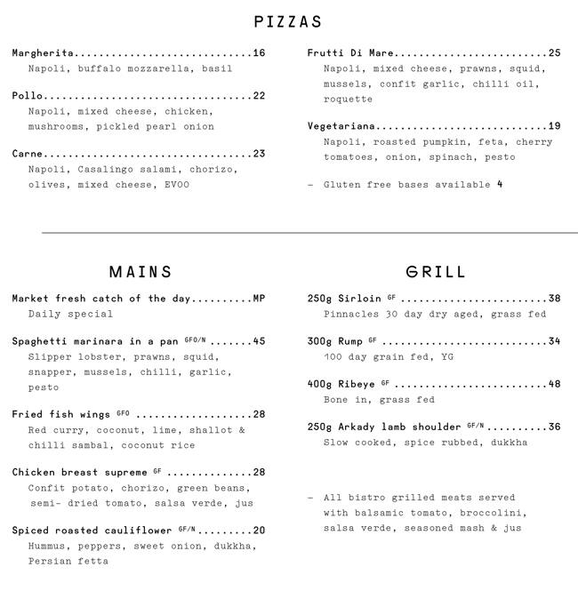 Menu at The Royal on the Waterfront restaurant, East Perth