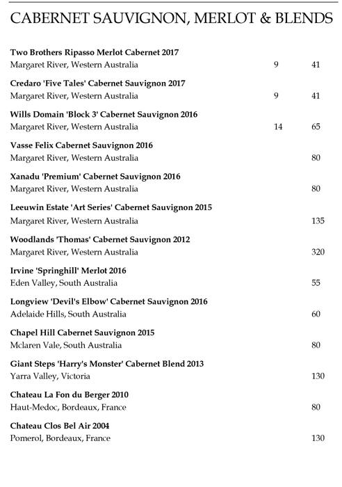 Menu at The Royal on the Waterfront restaurant, East Perth