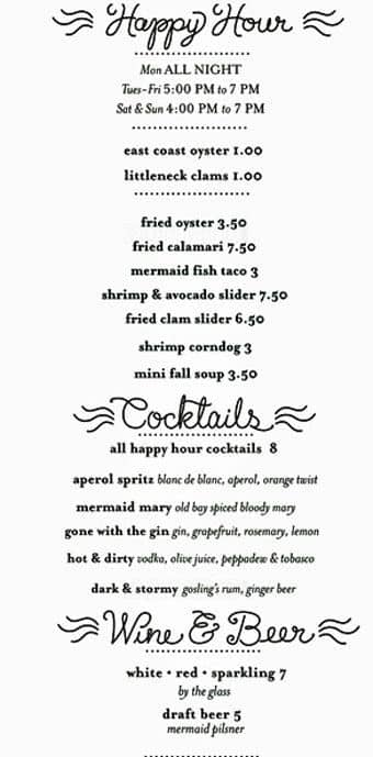 Menu at The Mermaid Inn restaurant, New York City, 96 2nd Ave
