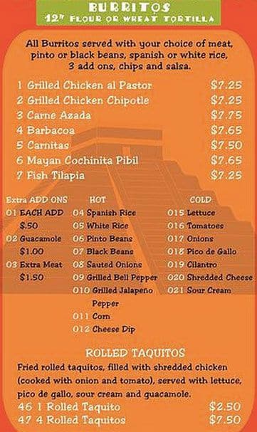 Menu at Taco Maya restaurant, Exton, 250 Eagleview Blvd