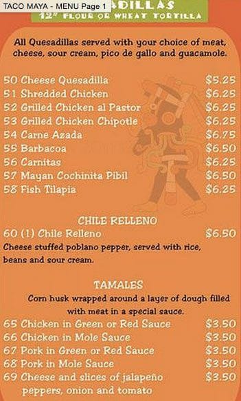 Menu at Taco Maya restaurant, Exton, 250 Eagleview Blvd