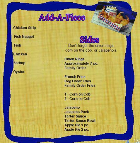 Menu at Fred's Fish Fry restaurant, San Antonio, Blanco Rd