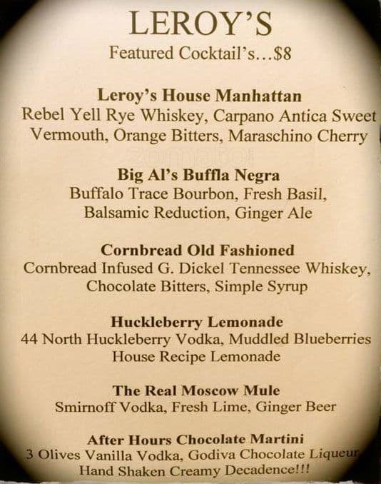 Menu at Leroy's Southern Kitchen & Bar, Punta Gorda