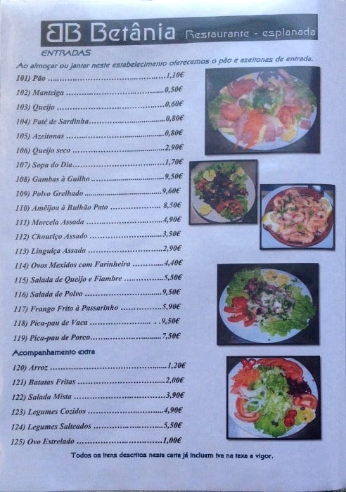 Menu at Betânia resturente comida portuguese restaurant, Lisbon