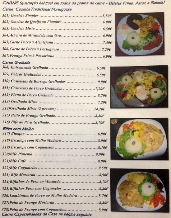 Menu em Betânia resturente comida portuguese restaurante, Lisboa
