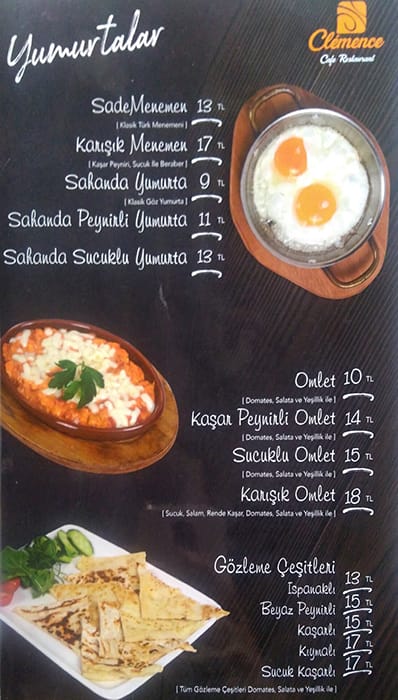 Menu at Clemence, Istanbul