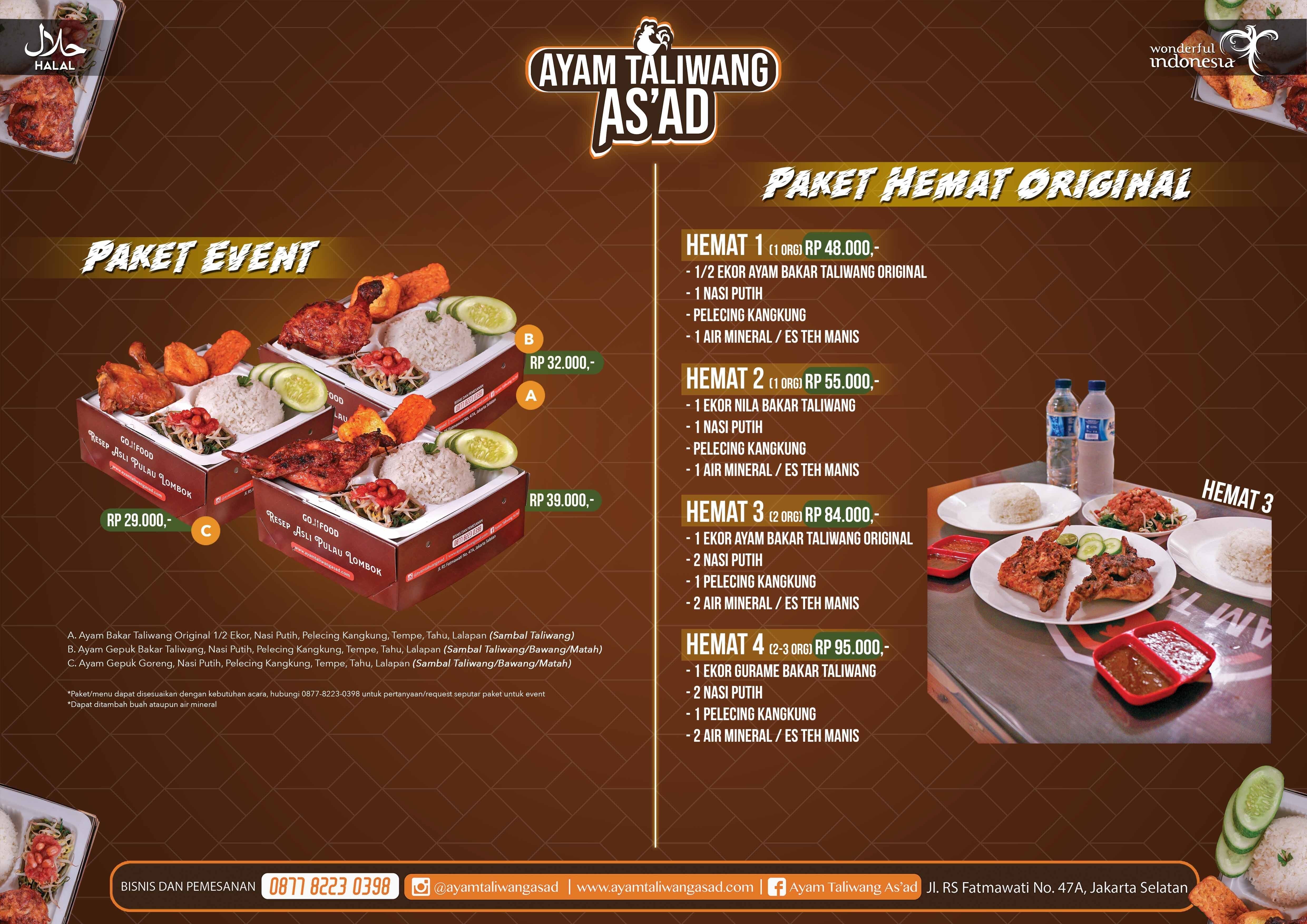 Menu at Ayam Taliwang As'ad restaurant, South Jakarta