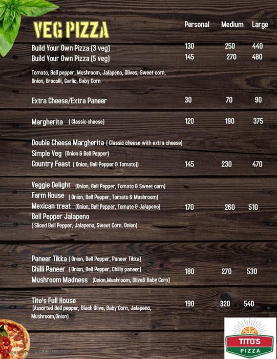 Menu of Tito's Pizza, Rajarajeshwari Nagar, Bangalore