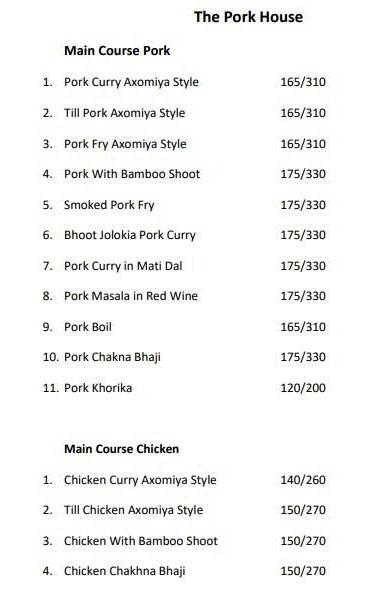 Menu of The Pork House, Zoo Tiniali, Guwahati