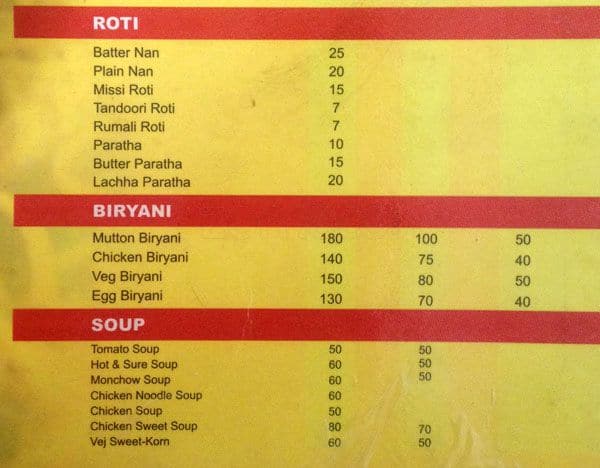 Menu at Tandoori Tadka Restaurant, Allahabad