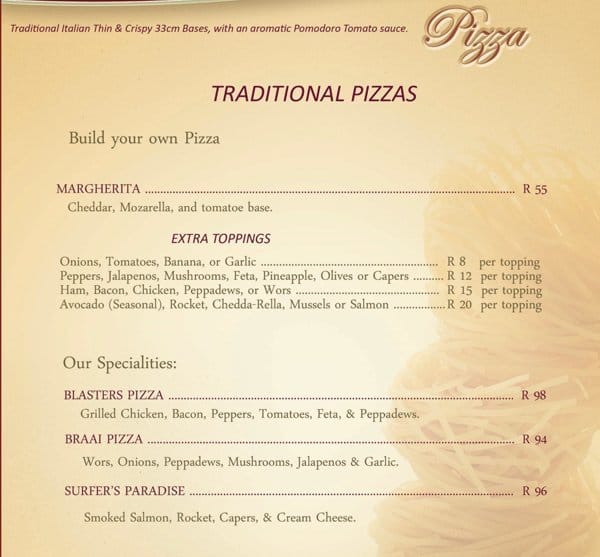 Carta de Blasters Family Restaurant, Ciudad del Cabo