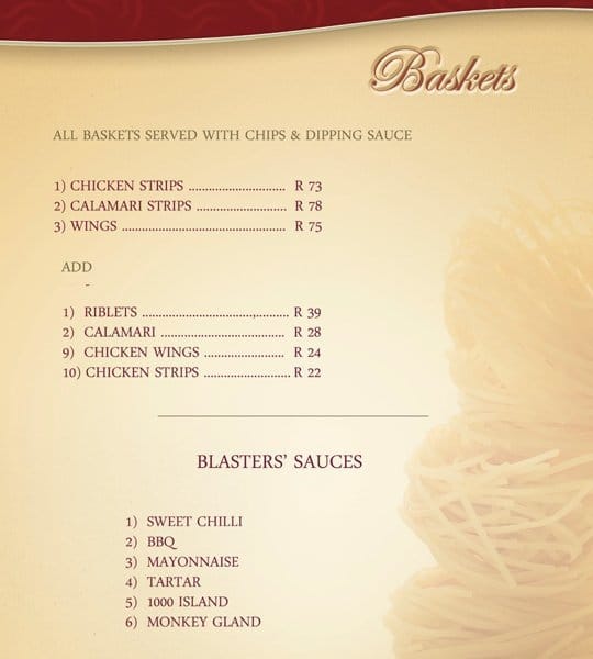 Carta de Blasters Family Restaurant, Ciudad del Cabo