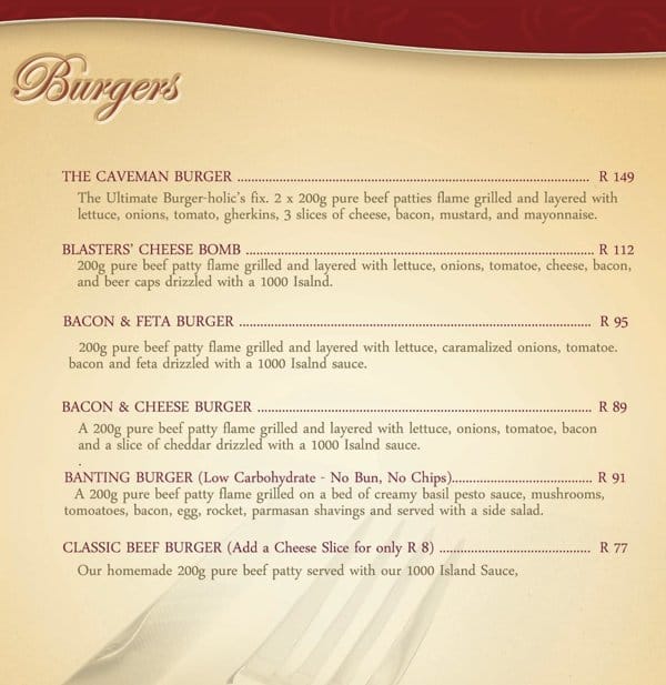 Carta de Blasters Family Restaurant, Ciudad del Cabo
