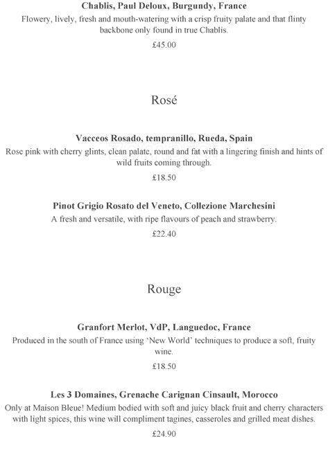 Menu at Maison Bleue restaurant, Edinburgh