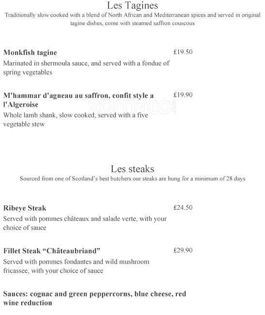 Menu at Maison Bleue restaurant, Edinburgh