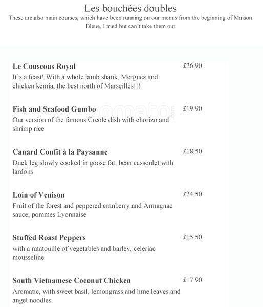 Menu at Maison Bleue restaurant, Edinburgh