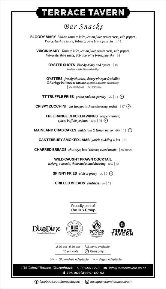 Menu at Terrace Tavern pub & bar, Christchurch