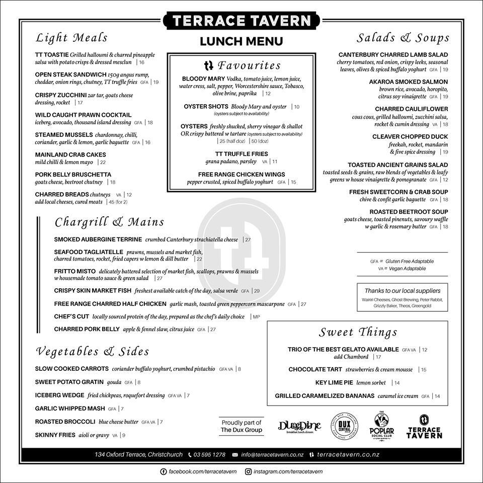 Menu at Terrace Tavern pub & bar, Christchurch