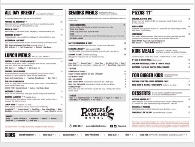 Carta de Porters Plainland Pub, Plainland