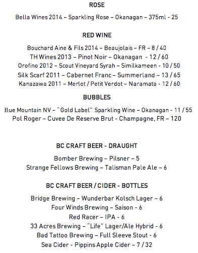 Menu at The Acorn Restaurant, Vancouver