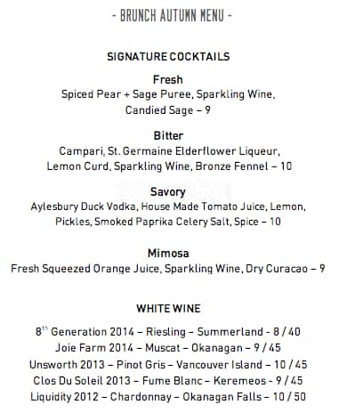 Menu at The Acorn Restaurant, Vancouver