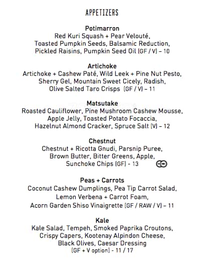 Menu at The Acorn Restaurant, Vancouver