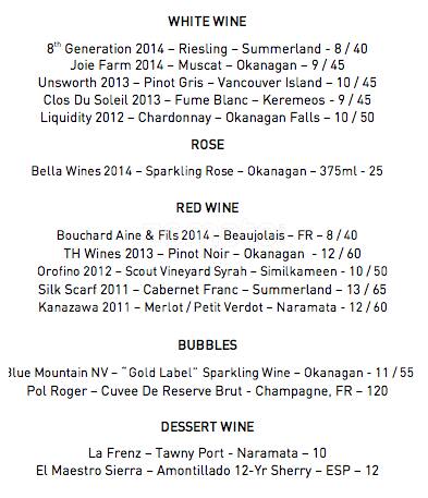 Menu at The Acorn Restaurant, Vancouver