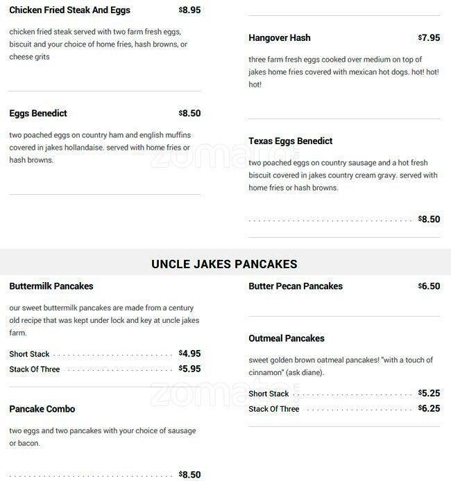 Menu at Jakes pub & bar, Grapevine