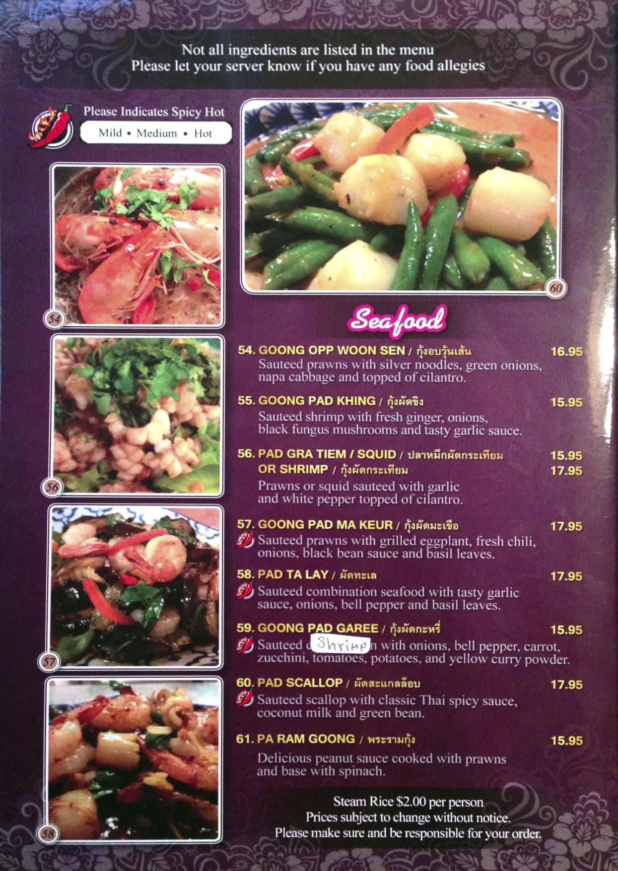 Menu at Thai House Restaurant, Fairbanks