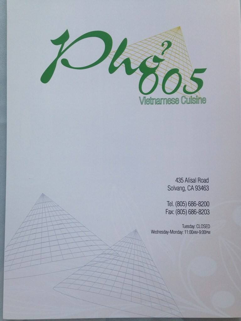 Menu at Pho 805 restaurant, Solvang