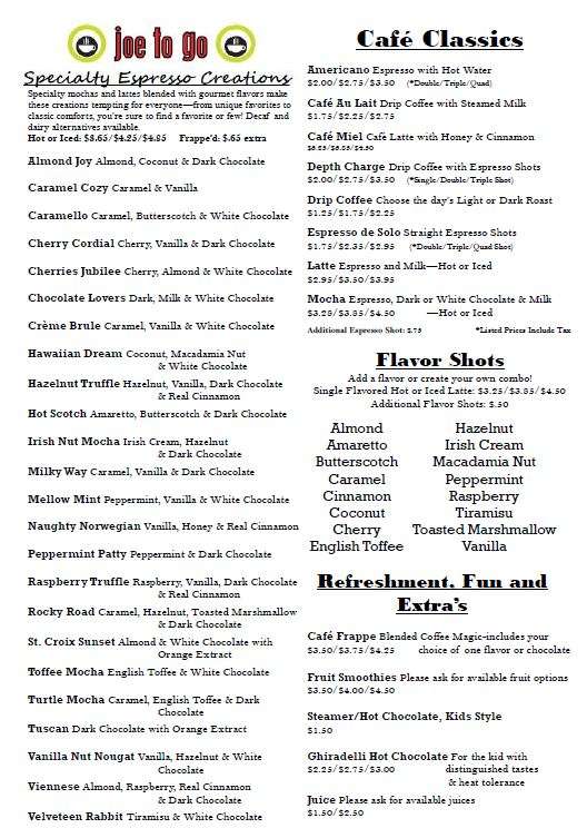 Menu at Joe To Go pub & bar, Hudson