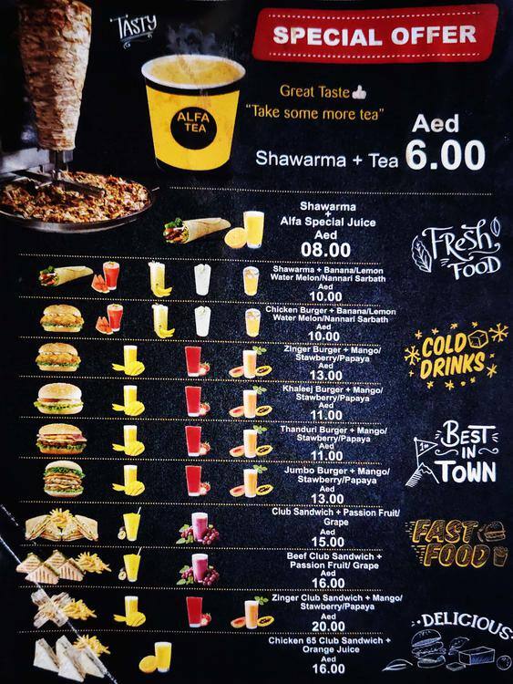 Menu of Alfa Cafe, Naif, Dubai