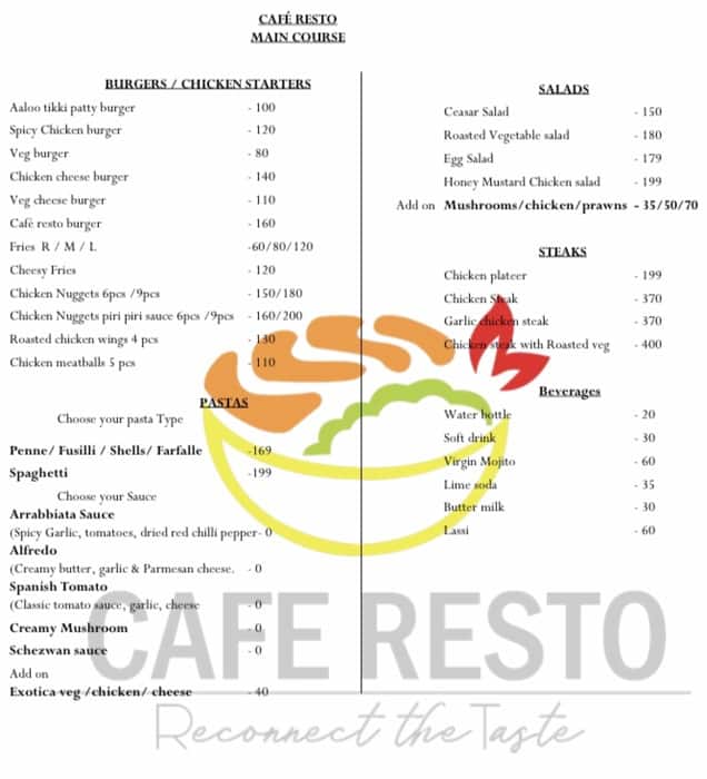Menu at Cafe Resto, Hyderabad