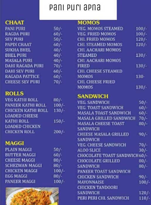Menu of Pani Puri Apna, Gorai, Mumbai