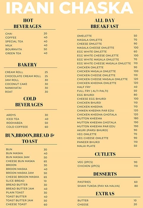 Menu at Irani Chaska, Pune